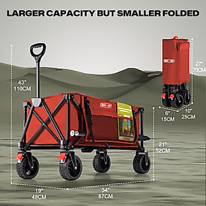 Overmont Collapsible Wagon Cart with Wheels - Foldable Heavy Duty Wagon with Big All-Terrain Wheels - 330Lbs Weight Capacity with Side Pockets for Camping Sports Garden Grocery Shopping red