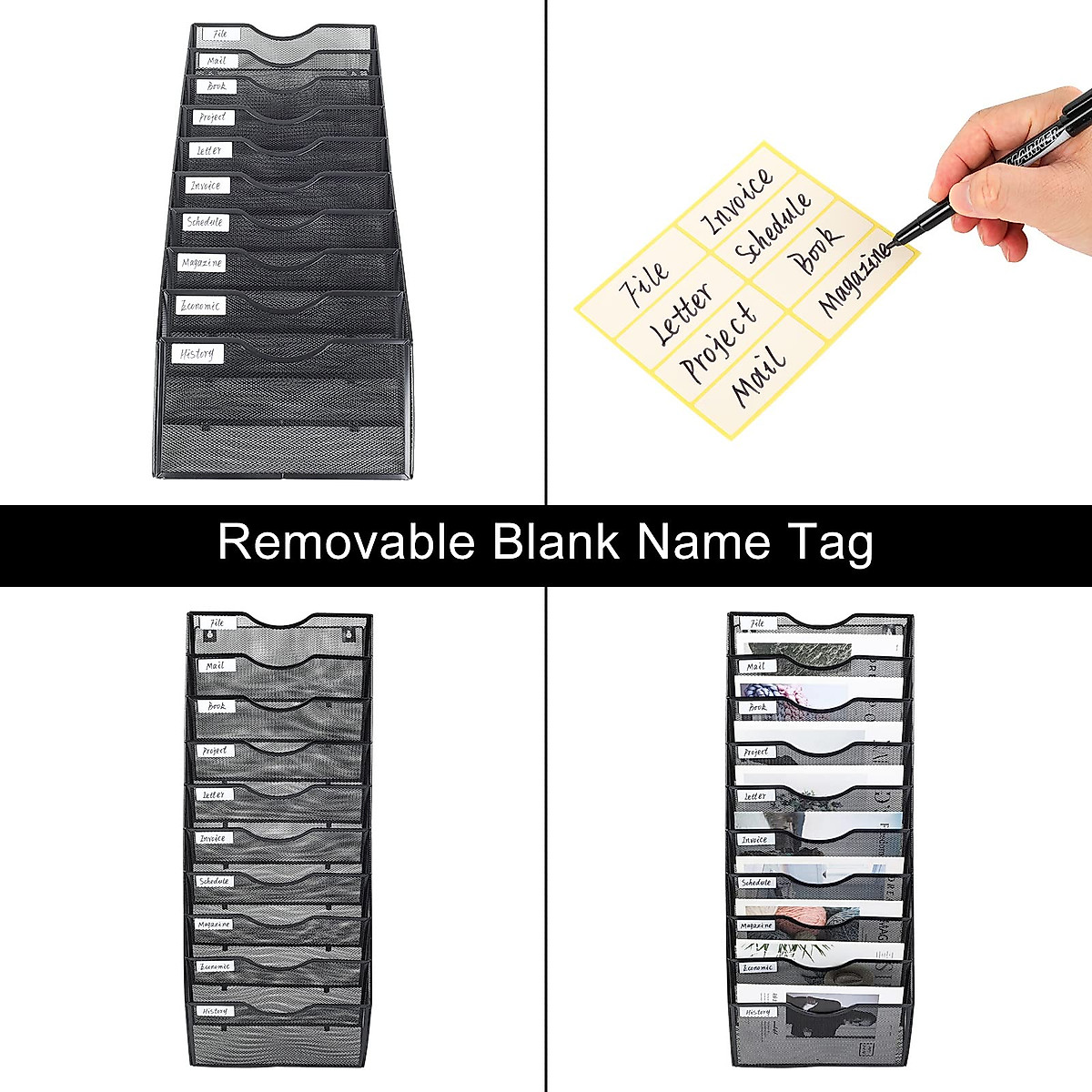 PAG Hanging Wall File Holder Organizer Mail Sorter Literature Rack for Office, 10 Pockets, Black