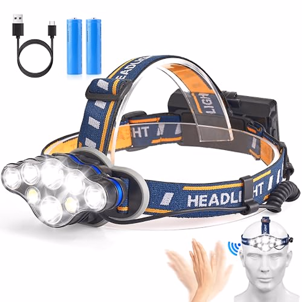 Elmchee Rechargeable Headlamp 8 Led Head Lamp 18000 Lumen Ultra-Bright, 16 Modes Adjustable Motion Sensor Headlight with Red Light, Waterproof Head Flashlight for Outdoor Hiking Camping