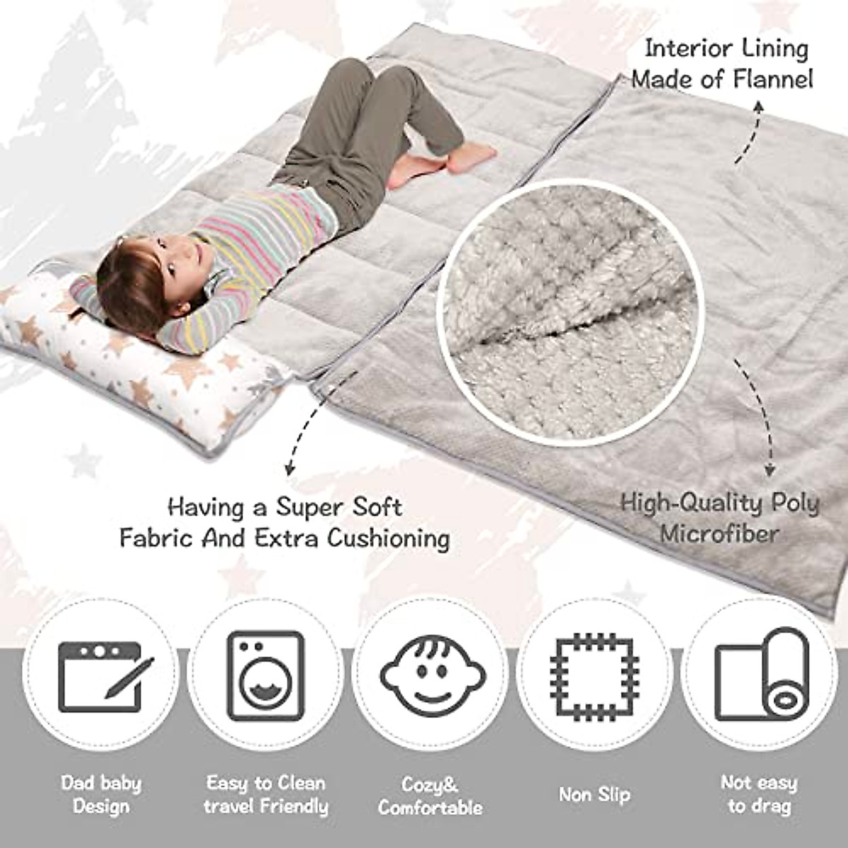 Dad-Baby Toddler Sleeping Bag,Toddler Nap Mat with Removable Blanket and Pillow,Extra Large Rolled Napping Mats,Kids Sleeping Bag for Daycare, Preschool Travel Camping (Stars Pattern)