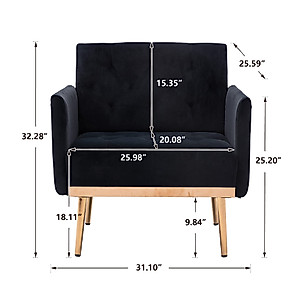 SSLine Modern Upholstered Velvet Accent Armchair Button Tufted Single Sofa Chair for Living Room Mid-Century Home Office Guest Arm Chair with Rose Gold Metal Legs (Black)