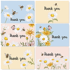 AnyDesign 36 Pack Daisy Thank You Cards with Matching Seal Stickers Envelope Assorted Watercolor Flower Bees Greeting Blank Note Cards for Baby Shower Wedding Birthday Party Business Stationery