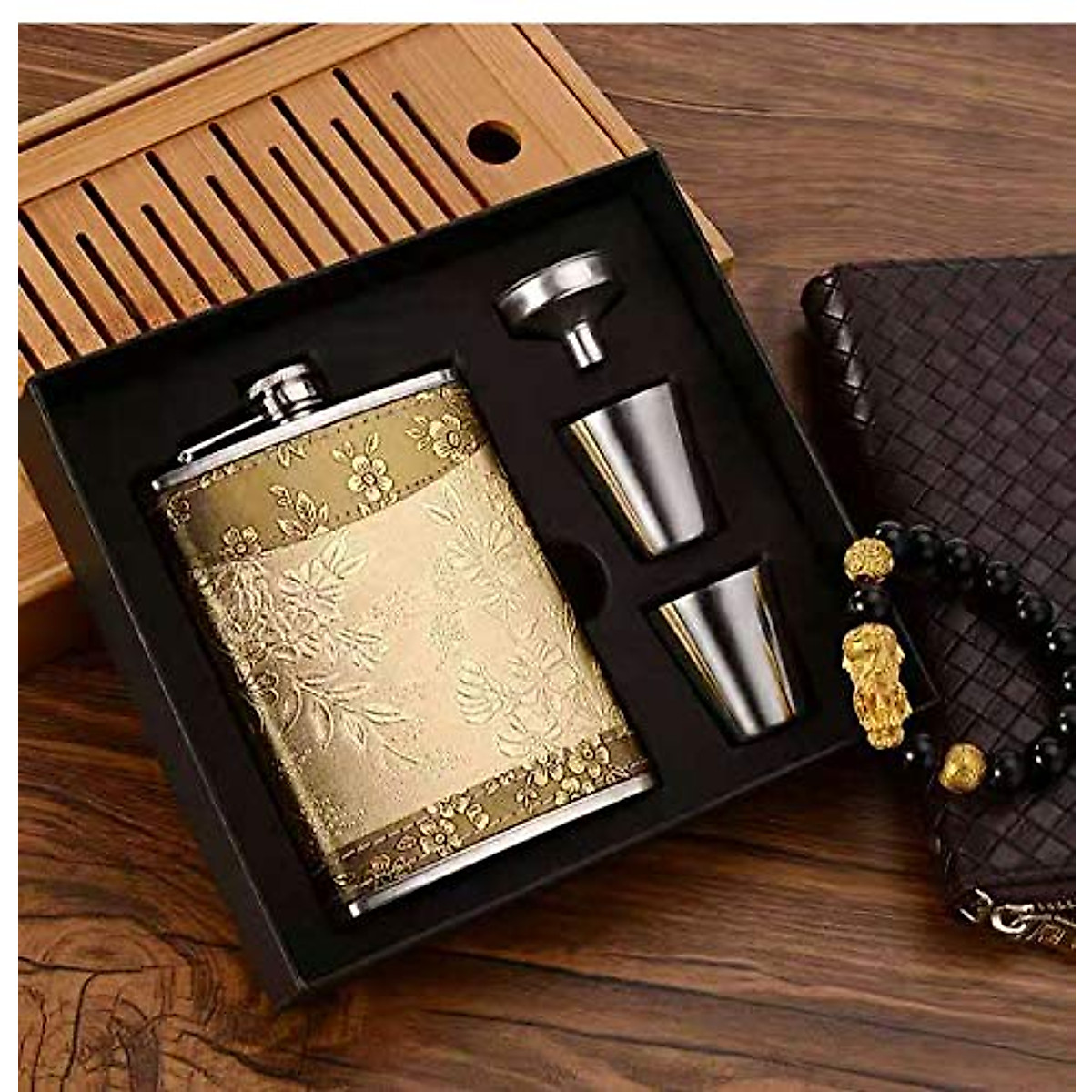 Golden pattern 8 Oz Gift 100% Stainless Steel(304/18-8 SS).Bonus 2 Shot Glass+1Funnel+1Giftbox.Flask Leak Proof Tested.Flask for Liquor/Alcohol.Flask for Men/Women