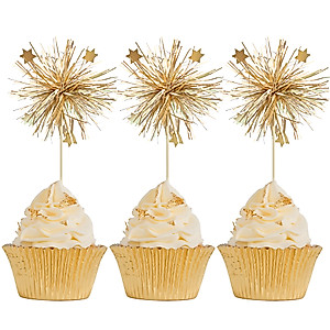 Gyufise 30Pcs Foil Firework Cupcake Toppers Happy Birthday Cake Toppers Sparkle Tinsel Flower Drink Stirrers Cocktail Food Fruit Toothpicks for Valentine's Day Party Supplies Gold