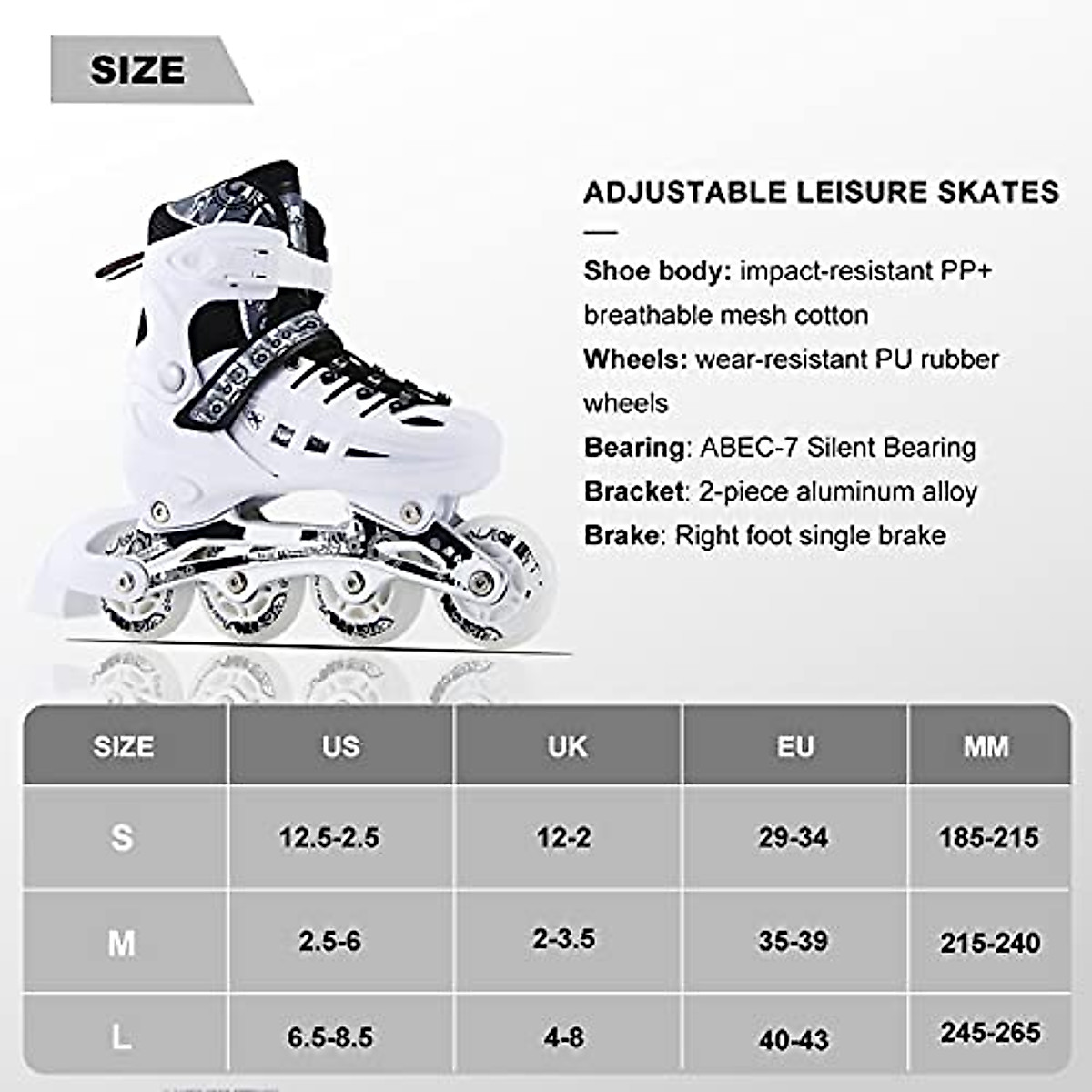 CLEBAO 4 Size Adjustable Inline Skates for Kids and Adults Flash Men and Women Inline Roller Skates Beginners Boys and Girls Blades Pu Mesh White
