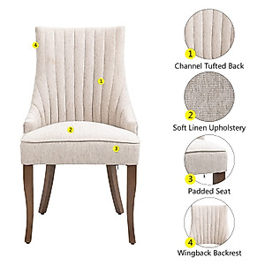 mikibama Linen Dining Chairs Set of 2 Channel Tufted Kitchen Dinner Chair Comfy Fabric Upholstered Accent Chair for Dining Room with Solid Wood Legs (Beige)