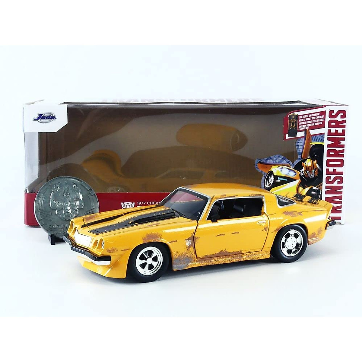 Transformers 1:24 1977 Chevy Camaro Bumblebee Die-cast Car with Coin, Toys for Kids and Adults