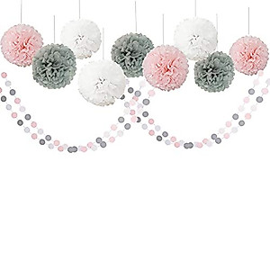 InBy 26pcs Pink Grey Party Decorations Baby Shower Decoration for Girl 12" 10" 8" Tissue Paper Flower Pom Poms Tassel Garland for Wedding Birthday Bachelorette Bridal Baby Girl Shower Party Decoration