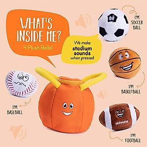 Plush Creations Talking Sports Plush Bag with 4 Talking Soft Plush Balls. Sport Set Includes Plush Sports Bag Plush Basketball Plush Baseball Plush Soccer Ball and Plush Football