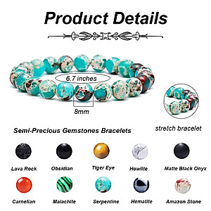 BOMAIL 10Pcs 8mm Natural Stone Beaded Bracelet Set for Men Women Semi-Precious Gemstone Beads Bracelets Matte Lava Rock Volcanic Tiger Eye Stone Yoga Healing Energy Crystal Stretch Bracelets Set