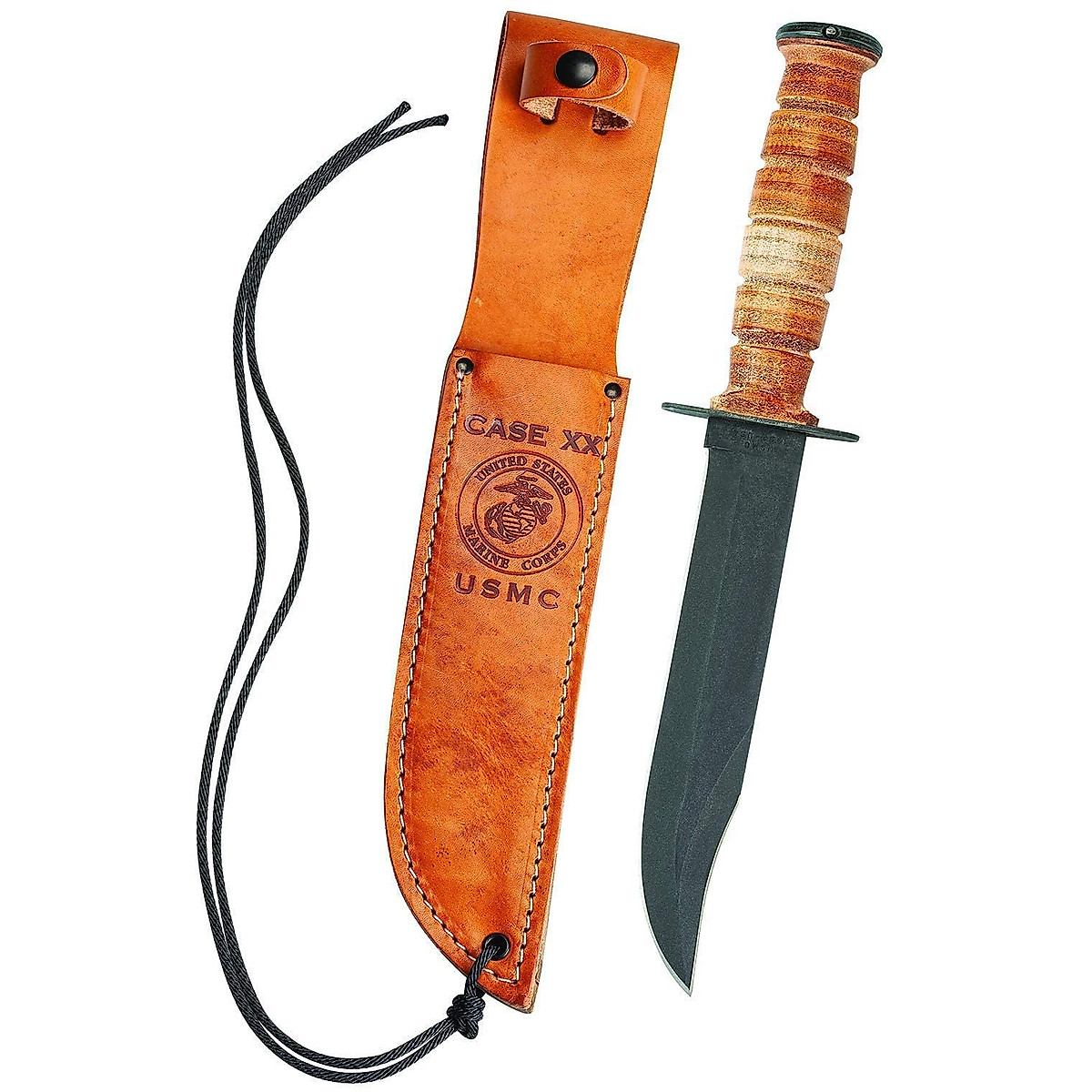 Case Military 00334 USMC Knife with Fixed 1095 Carbon Blade Genuine Leather Sheath Genuine Leather Handle,Brown USMC