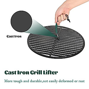 KAMaster Cast Iron Grill Grate Lifter Kamado Grill Accessories Fit Big Green Egg,Primo Vision Louisiana Grills,Grate Lifters with Green Protective Cover for Moving Hot Grate(Green Grate Tool)