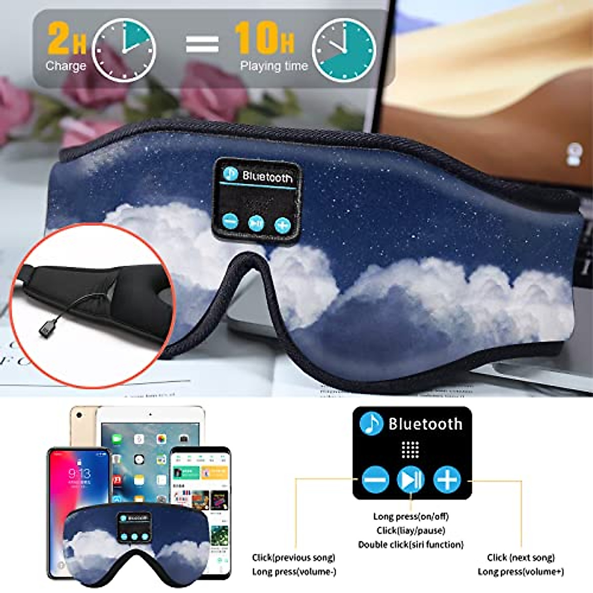 Sleep Headphones, Sleep Mask with Bluetooth Music Headphones 3D Eye Mask,Cotton Sleeping Headphones for Side Sleepers with Adjustable Ultra Thin Stereo, Gift for Women Gadgets for Men (Sky)