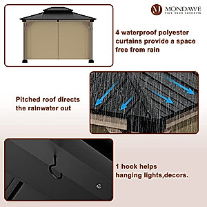 MONDAWE Cedar Wood 10x12Ft Hardtop Gazebo with Curtains, Rectangular Outdoor Permanent Gazebo Pergola with Galvanized Steel Double Roof Pavilion for Patio Lawn Garden