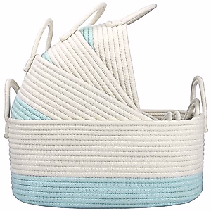 LA JOLIE MUSE 15 Inch Cotton Rope Woven Storage Basket Set of 4, Stackable Multipurpose Organizer Bins with Handles, White & Mint Green