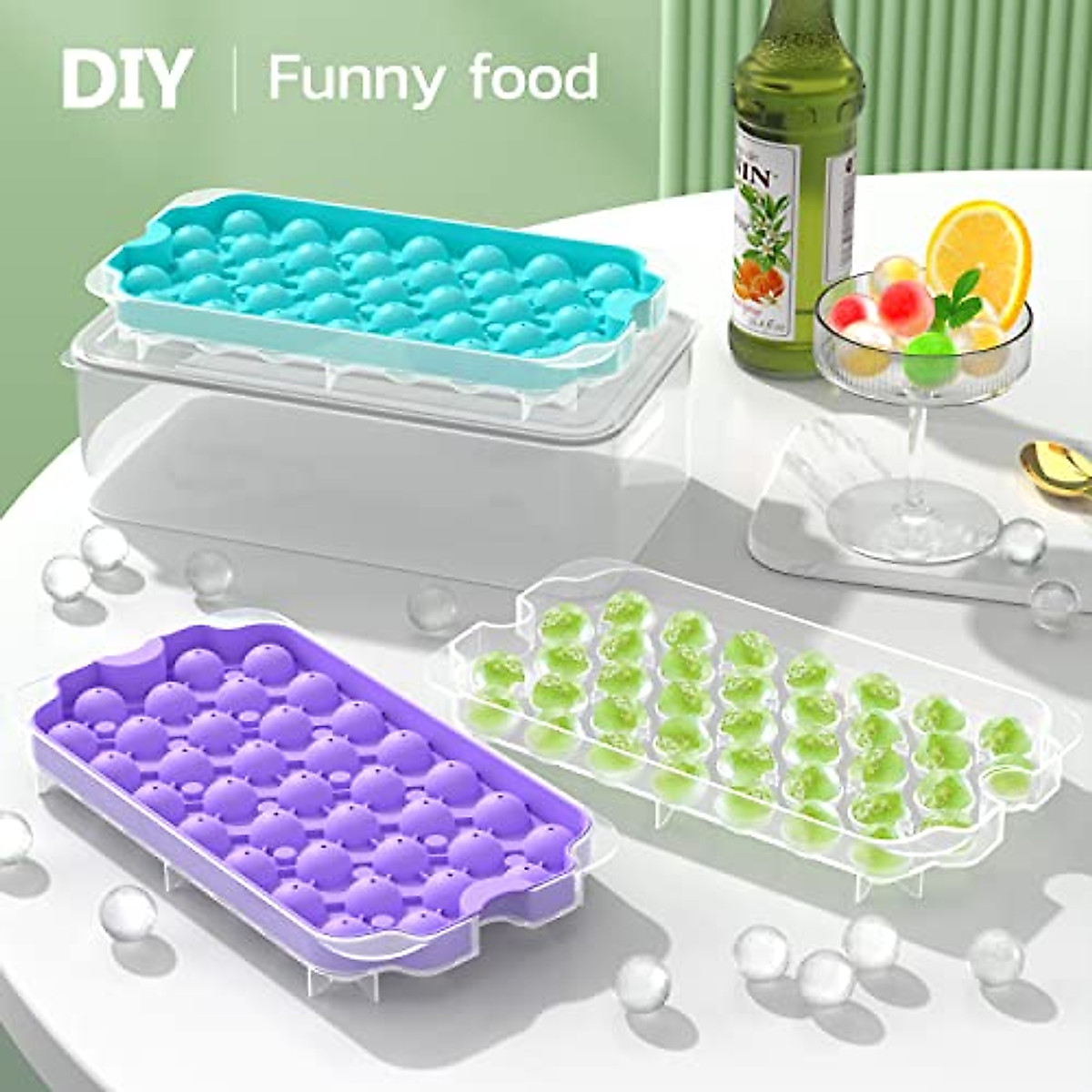 Upgrade Round Ice Cube Tray with Lid & Bin, TINANA Silicone Ice Ball Maker for Freezer, Easy Release Circle Ice Cube Tray with Container Make 74 Mini Ice Balls for Chilling Whiskey, Cocktail, Coffee
