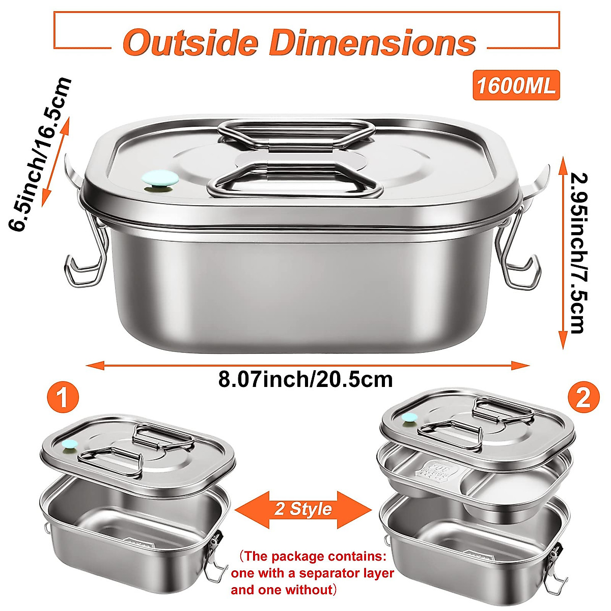 Romooa Stainless Steel Bento Boxes with Airtight Valve and Handle, Set of 2 Leakproof Metal Lunch Containers, 1600ml Capacity, BPA Free, Dishwasher Safe
