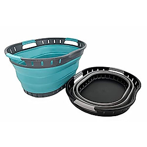 SAMMART 25L (6.6 gallon) Set of 2 Collapsible Plastic Laundry Basket - Foldable Pop Up Storage Container/Organizer - Portable Washing Tub - Space Saving Hamper/Basket (Alloy Grey + Crystal Blue)