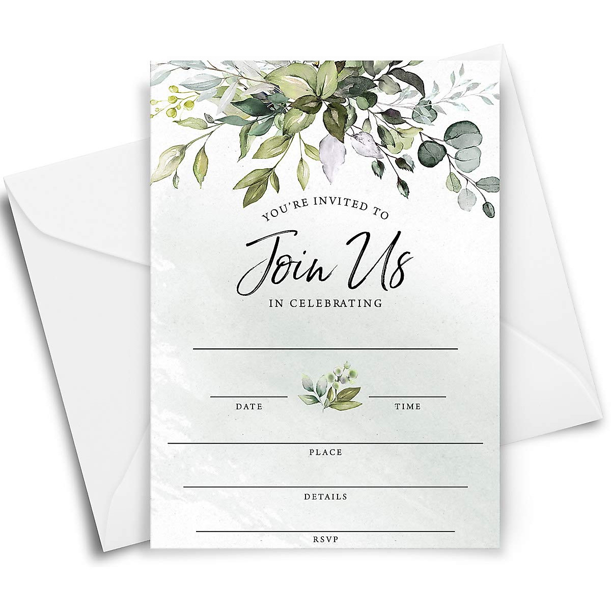 Printed Party Fill-in Invitations and Envelopes, Eucalyptus Greenery, Set of 25