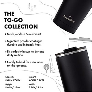 GRANDTIES Insulated Coffee Tumbler Cup w/Tritan Lid | Leak Proof, Reusable, Double Walled Vacuum Stainless Steel Water Bottle Travel Mug | Thermal Cups for Hot and Cold Drinks | 20oz | Midnight Black
