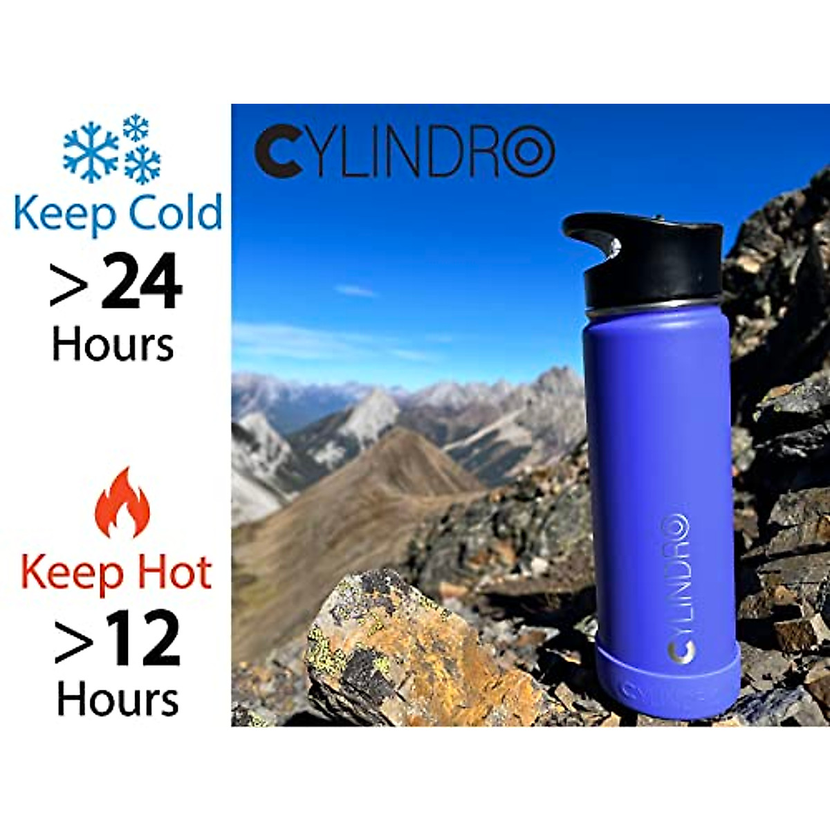 Cylindro Water Bottle, Triple-Layer Stainless Steel - 3 Lids, Vacuum Double Walled Copper Lined, BPA Free, w/ Silicone Boot, Hot & Cold - 22 Oz Veri Peri Purple