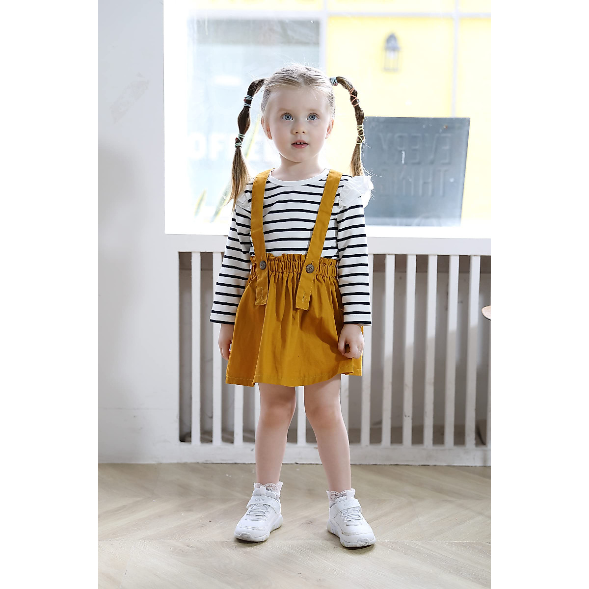 YOUNGER STAR Toddler Baby Girl Fall Outfits Long Sleeve T-shirt Top Suspender Skirt Overalls Toddler Girls Clothing Sets(2-3T,Yellow & T-shirt)