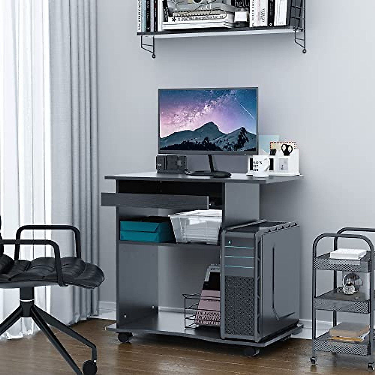 HOMCOM Computer Desk Cart, Mobile Small Office Workstation with Slide-Out Keyboard Tray, Adjustable Shelf, & CPU Stand, Black