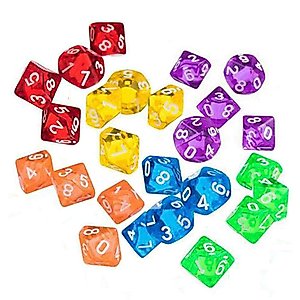 24 Pcs Transparent Polyhedral Dice Acrylic 10 Sides Game Dice with Number 0-9, Assorted Colors
