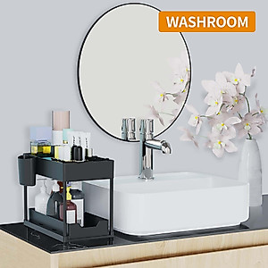 LONONE Black Under Sink Organizer Metal Under Sink Organizers and Storage 2 Tier Sliding Cabinet Organizer Pull Out Shelves Under Kitchen Sink