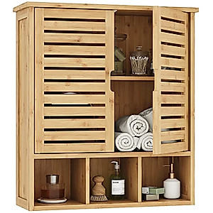 FORABAMB Bathroom Wall Cabinet Wood Medicine Cabinets with 2 Doors & Adjustable Shelves Over The Toilet Storage Cabinet with 3 Compartments Wall Mounted Storage Organizer for Kitchen Laundry Room