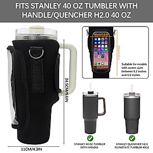 Water Bottle Holder Pouch with Strap for Stanley Quencher H2.0 and Adventure 40 oz Tumbler, Water Bottle Carrier Bag with Phone Pocket and 4 Stainless Steel Straws for Tumbler with Handle Accessories