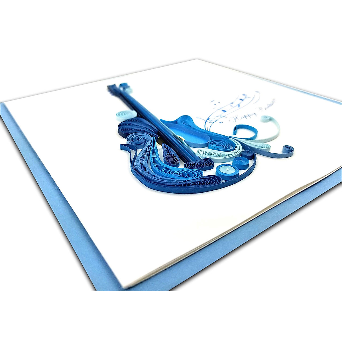 Blue Guitar with "Happy Birthday" Quilling Greeting Card, 6x6" with Envelope. Blank Inside. Hand-made. Suitable for Framing.
