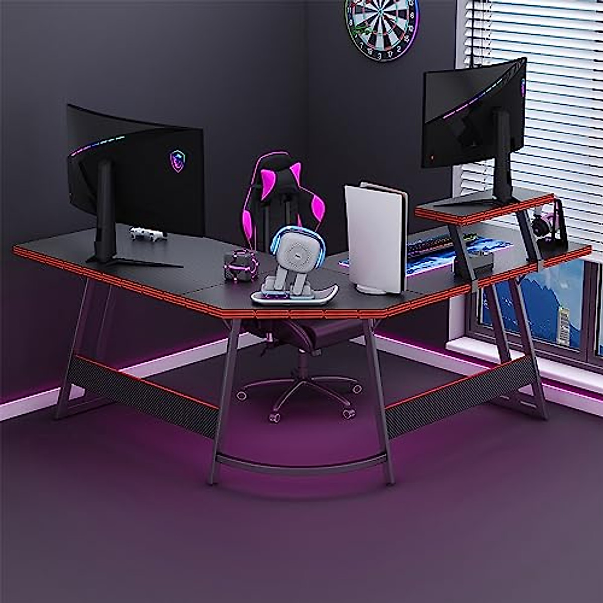 Lufeiya Black L Shaped Gaming Desk - 51 Inch Computer Corner Desks, Carbon Fiber Surface PC Desk Table with Monitor Stand for Home Office Writing, Black