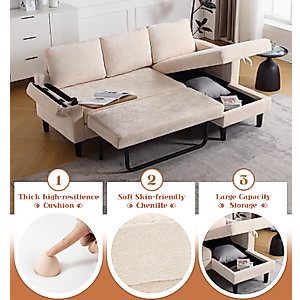 Sectional Couch with Pull Out Sofa Bed, Sleeper Sofa with Side Table and Storage Chaise, L Shape Sofa Bed Couch with Pocket, Convertible Couches for Living Room Bedroom Apartment, Beige