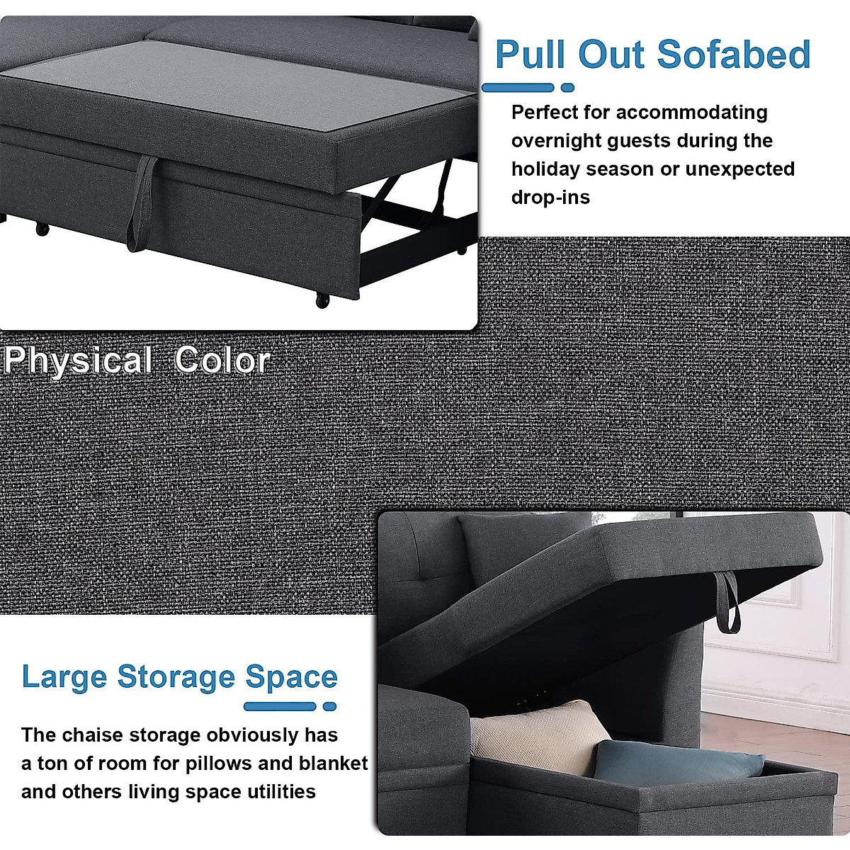 Sleeper Sectional Sofa Pull Out Couch with Storage Chaise 2 in 1 Sleeper Sofa Couch Convertible Sleeper Bed for Living Room, Apartment,Bedroom,Dark Grey