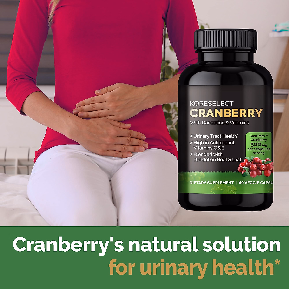 KORESELECT Cranberry 17,000mg with Dandelion & Vitamins, UTI Relief, Antioxidant Supplement, Immune Support, Bladder Health for Women & Men 60 Vegan Capsules