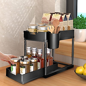 DIHUMK Under Sink Organizers and Storage for Bathroom Kitchen Cabinet 2 Tier Pull Out Double Shelf Drawer Black