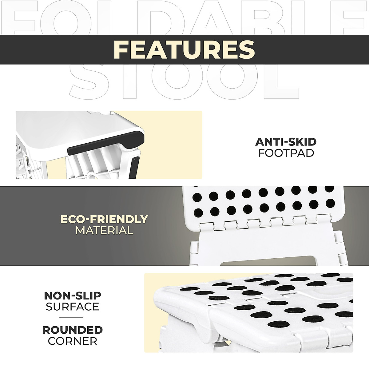 Utopia Home Folding Step Stool - (Pack of 1) Foot Stool with 9 Inch Height - Holds Up to 300 lbs - Lightweight Plastic Foldable Step Stool for Kids, Kitchen, Bathroom & Living Room (White)