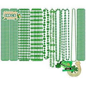 36PCS St. Patricks Day Beads, Irish 8 Kinds of St Patricks Necklace Necklace, Metallic Shamrock Beer Mug Coins Pendants Beads Necklaces, Adult St Patricks Necklaces Bulk for Parade Party Supplies