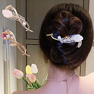 2PCS Tulip and Feather Hair Clip, Pearl Rhinestone Hair Claws French Style Twist Hair Barrette Non Slip Jaw Banana Hair Accessories for Women (TUYU)-003