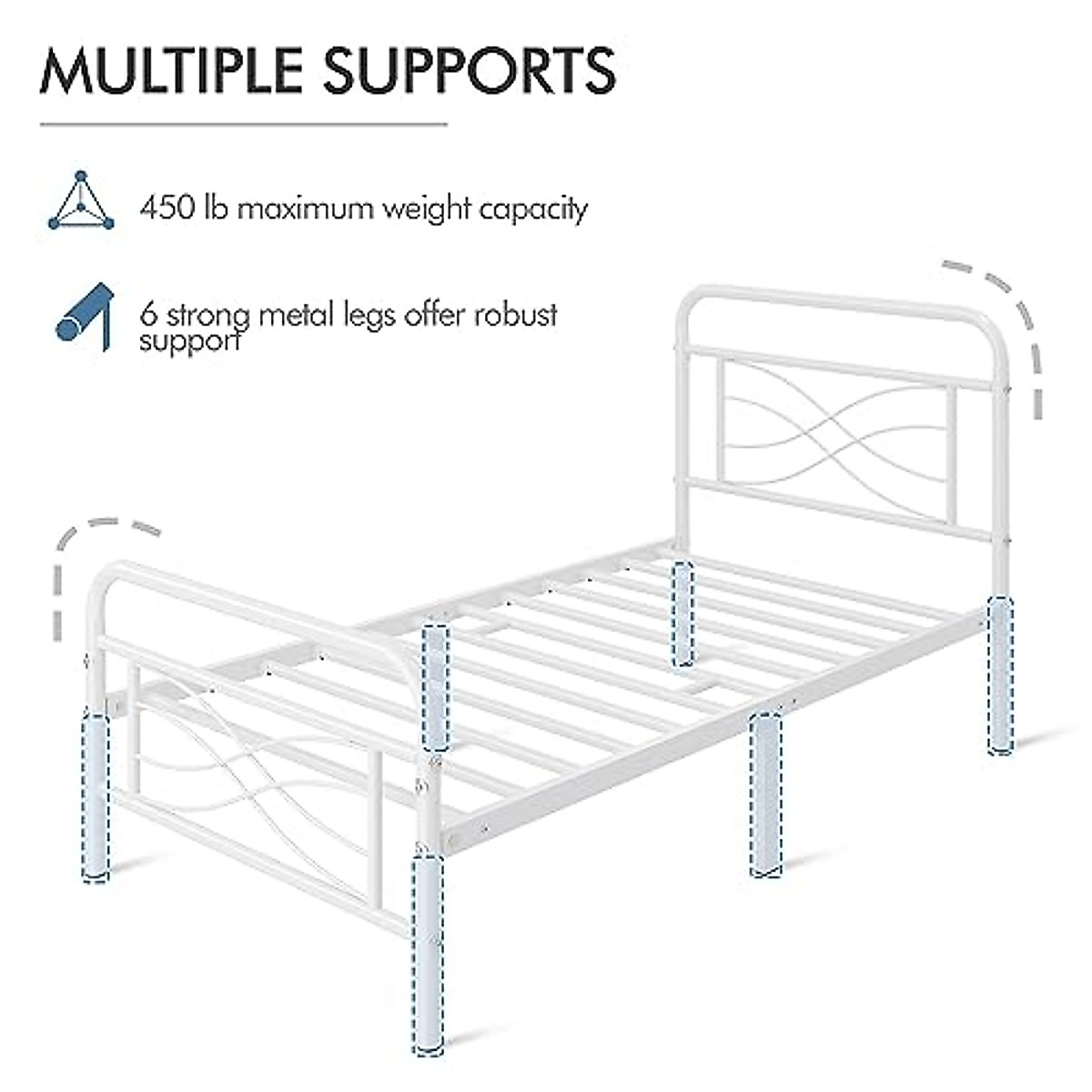 Topeakmart Twin Bed Frames Metal Bed with Vintage Style/Criss-Cross Design Headboard/Mattress Foundation/No Box Spring Needed/Under Bed Storage/Strong Slat Support White Twin Bed