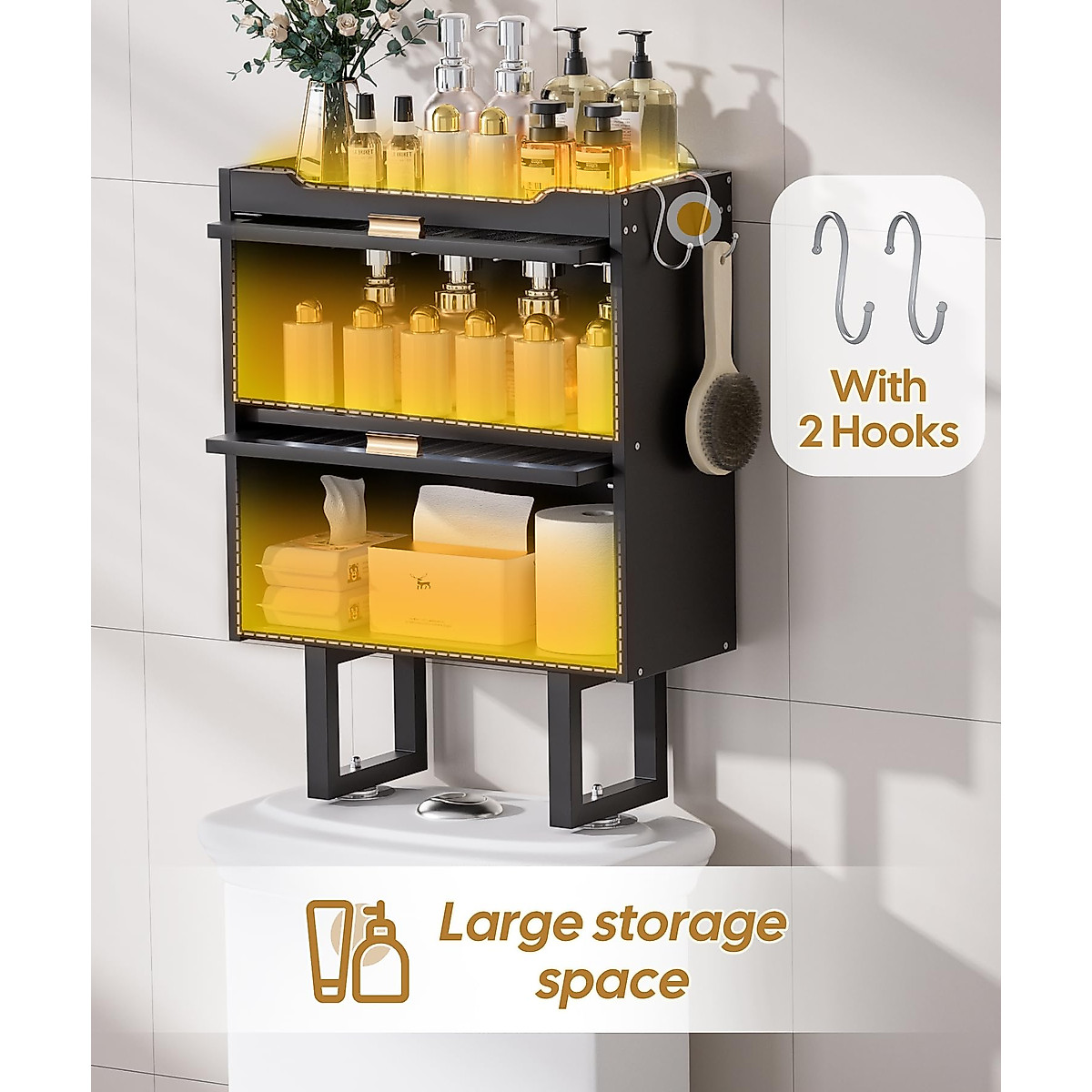 Cozivolife Over The Toilet Storage Cabinet,Bamboo Bathroom Organizer Rack with Lid and 2 Hooks,Space Saver Shelf for Bathroom,No Drilling Design Wall Mounted (Black, L)