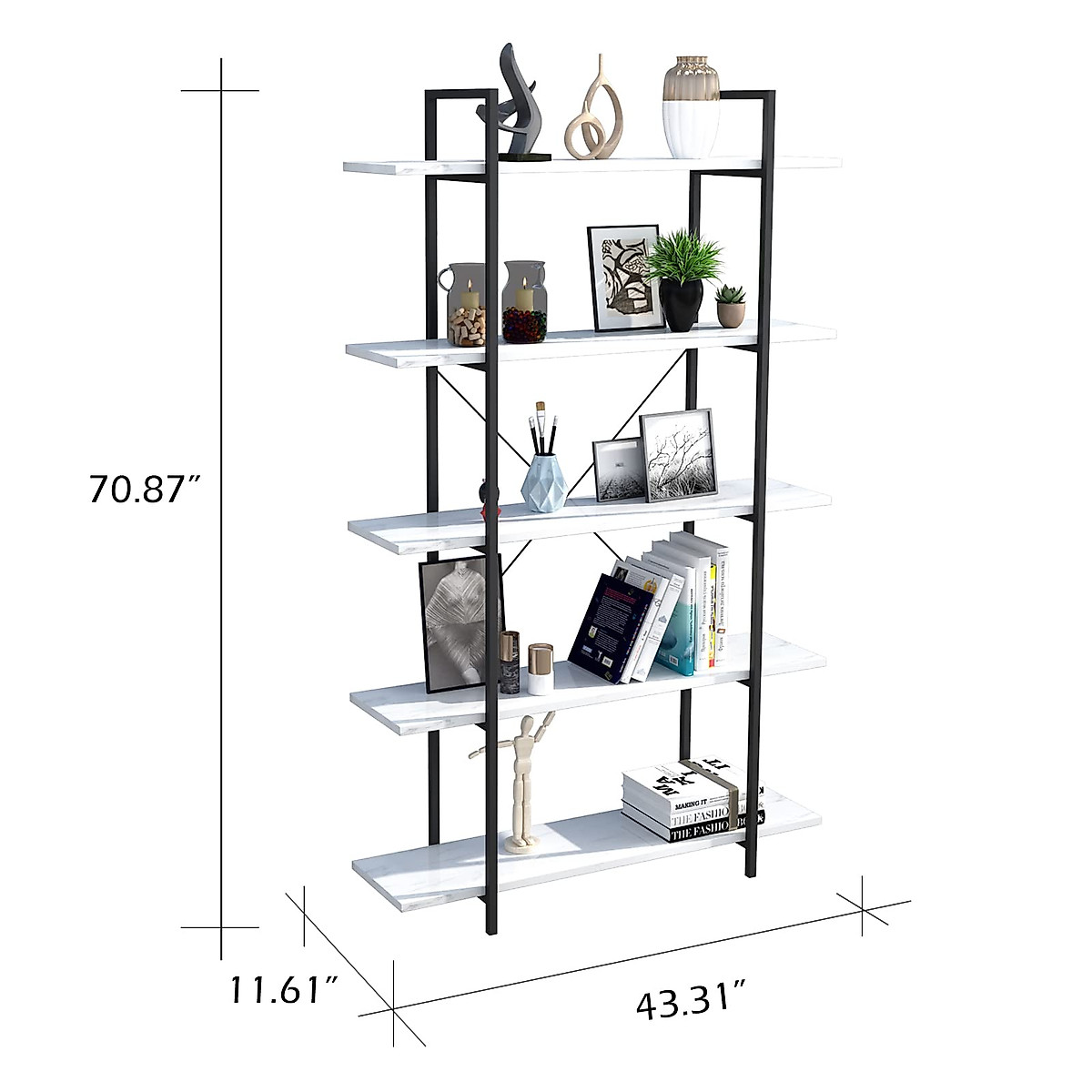 IOTXY 5-Tier Open Shelf Bookcase - Modern Freestanding Wooden Display Stand Unit with Metal Frame for Home and Office, Bookshelf, Black White