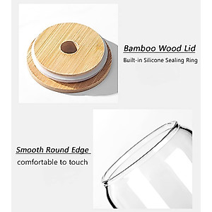 Drinking Glass Cups with Bamboo Lid and Glass Straws – 16oz Glasses Bottle for Soda Boba, Reuseable Iced Coffee Tumbler Mason Jar, Cute Smoothie Juice Cup Include Cleaning Brush (Set of 4)