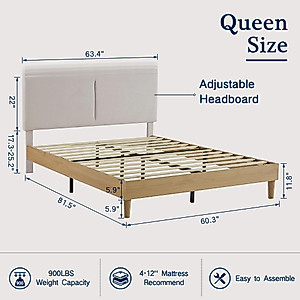 VECELO Queen Bed Frame Upholstered Platform Beds with Height-Adjustable Cotton and Linen Headboard, Heavy Duty Wood Slats, 6" Under-Bed Space, Noise-Free, No Box Spring Needed,Easy Assembly