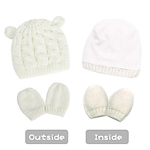 Unisex Baby Toddler Hat and Mitten Set Winter Knitted Thick Warm Beanie Cap Gloves for Infant Boys Girls (White, M (3-6 Months))