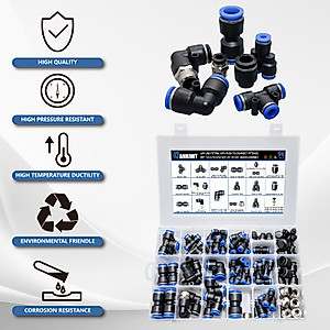 96Pcs Quick Connect Air Hose Fitting Kit, NPT 1/4,3/16, 5/32,3/8,1/8,1/2,5/8" Push To Connect Fittings Air Line Pneumatic Fittings Kit Connectors for Automotive Car or Industrial Workshops