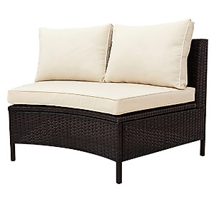 CJLMN 5-Piece Half Moon Outdoor Sectional Sofa Set, Patio All-Weather PE Wicker Furniture with Pillows, Cushions and Half-Moon Tempered Glass Table (Beige)