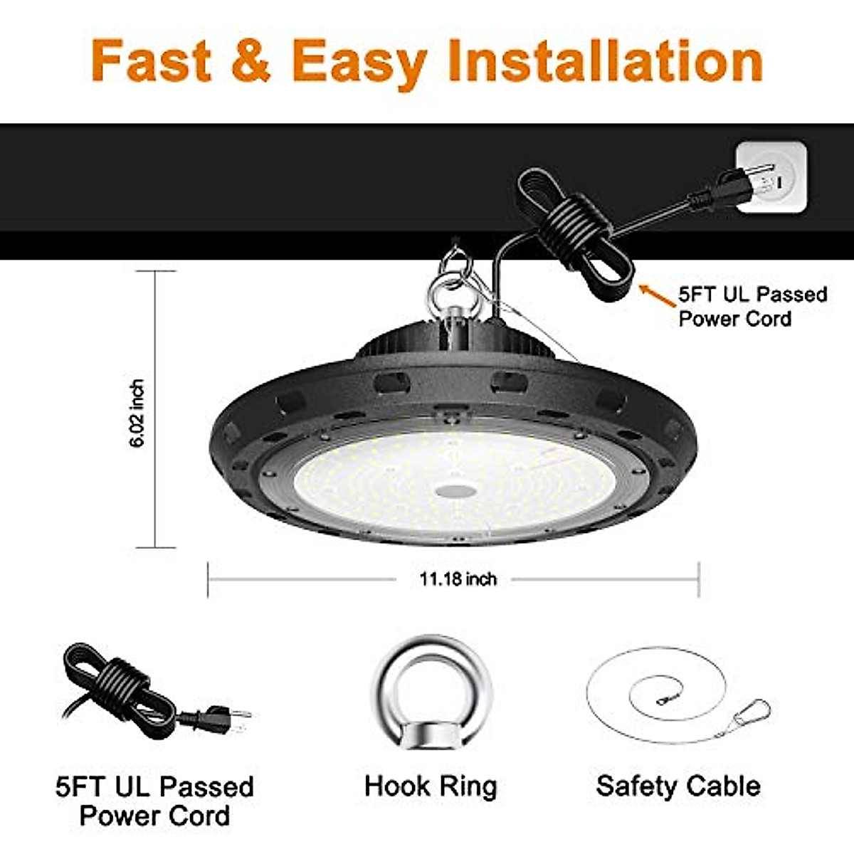 VCMAG UFO LED High Bay Light 150W 21,000lm 5000K Daylight 600W HID/HPS Equivalent with US Plug 5' Cable LED Warehouse Lights Commercial Shop Workshop Garage Factory Lowbay Area Lighting Fixture