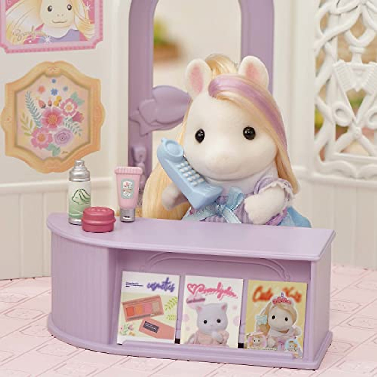 Calico Critters Pony's Stylish Hair Salon - 2-Story Salon Playset w/ Poseable Figure & 40+ Hair Styling Accessories for Ages 3+